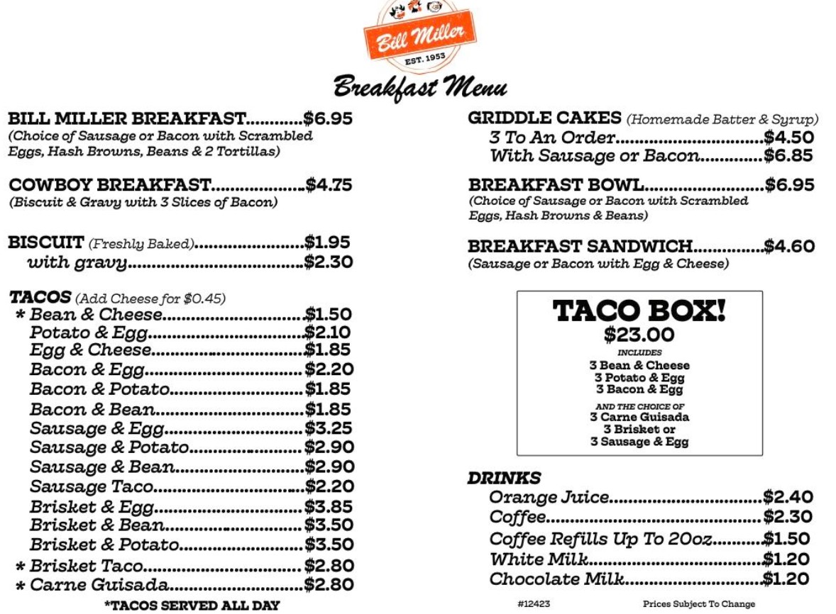 Bill Miller BBQ Restaurant Menu – Texas BBQ, Fried Chicken & Breakfast ...
