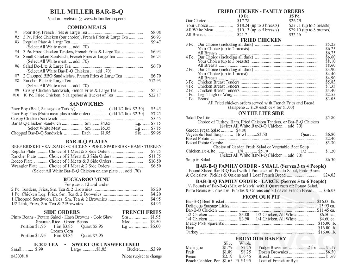 Bill Miller BBQ Restaurant Menu – Texas BBQ, Fried Chicken & Breakfast ...